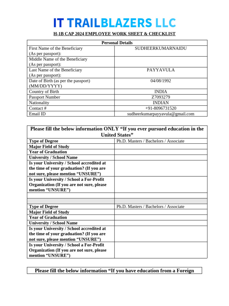 H-1B CAP 2024 EMPLOYEE WORK SHEET & CHECKLIST | PDF