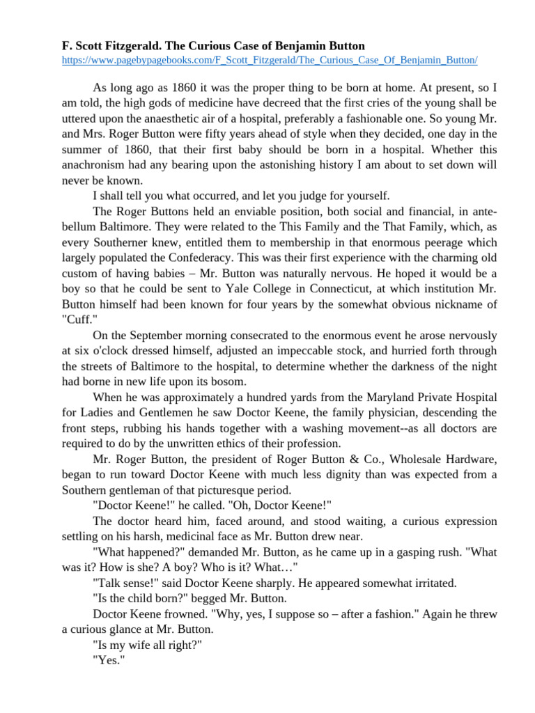 F. Scott Fitzgerald The Curious Case of Benjamin Button | PDF