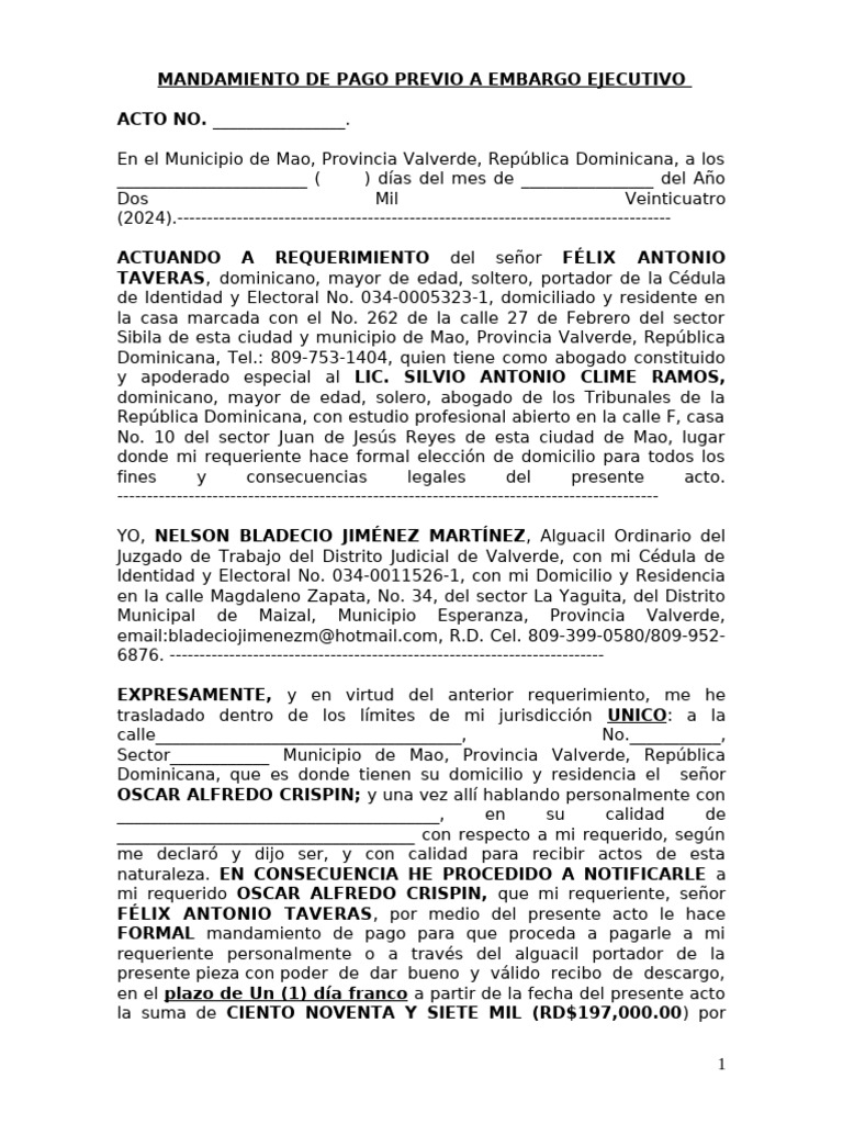 MANDAMIENTO DE PAGO PREVIO EJECUTIVO BLADECIO CASO Oscar Alfredo | PDF