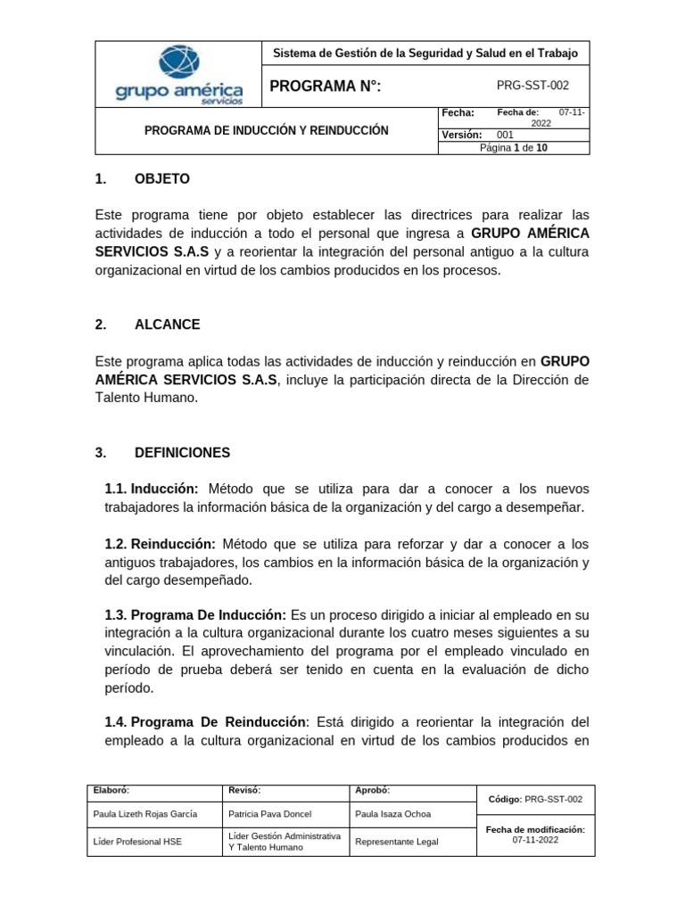PRG-SST-002 Programa de Inducción y Reinducción | PDF