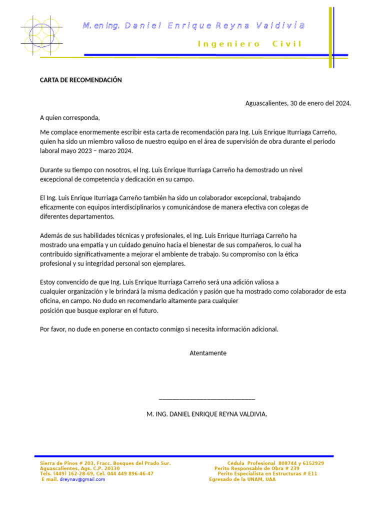 Carta de recomendación para ingeniero | PDF | Crecimiento personal y ...