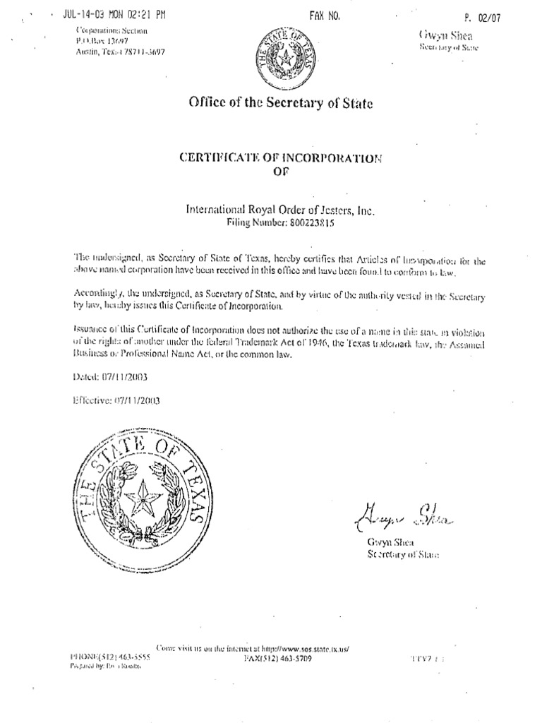 Articles of Incorporation Texas 501c3 Board of Directors | PDF