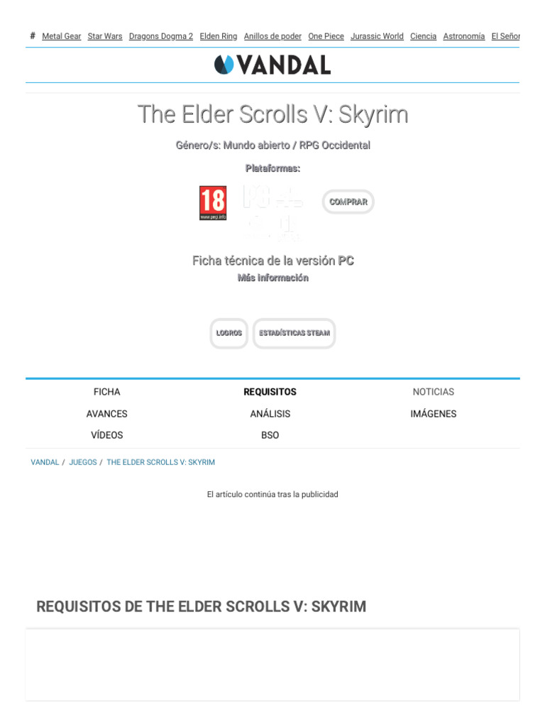 The Elder Scrolls V - Skyrim - Requisitos Mínimos y Recomendados en PC - Vandal | PDF ...