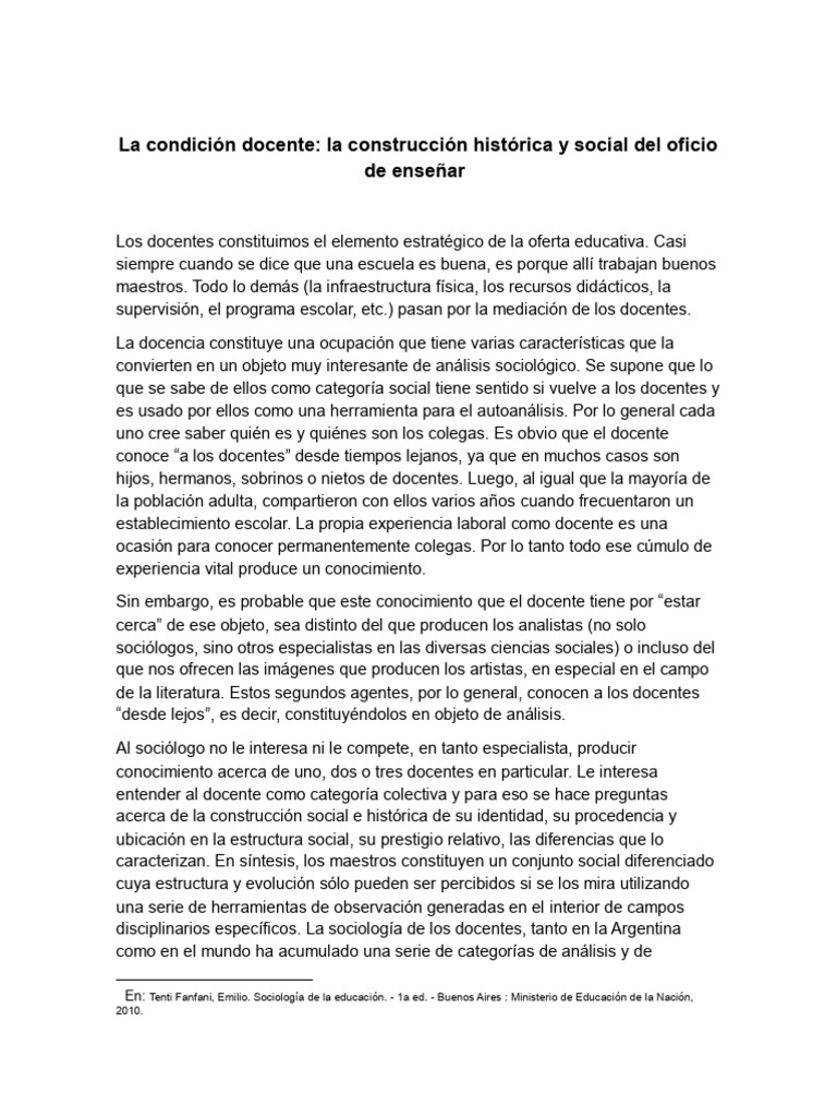 Emilio Tenti La Condición Docente, La Construccion Historica y Social ...