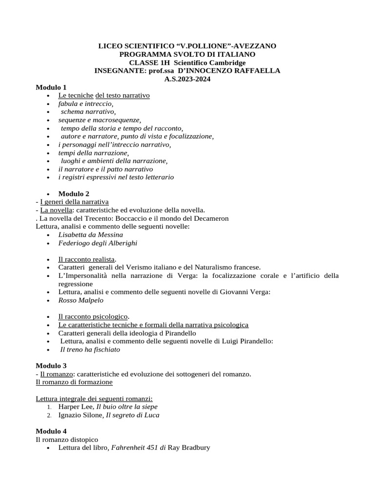 Programma Di Italiano 1 H 2023-2024 | PDF