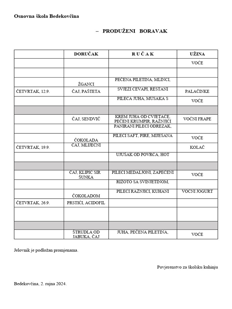 Jelovnik PB Rujan 2024 | PDF