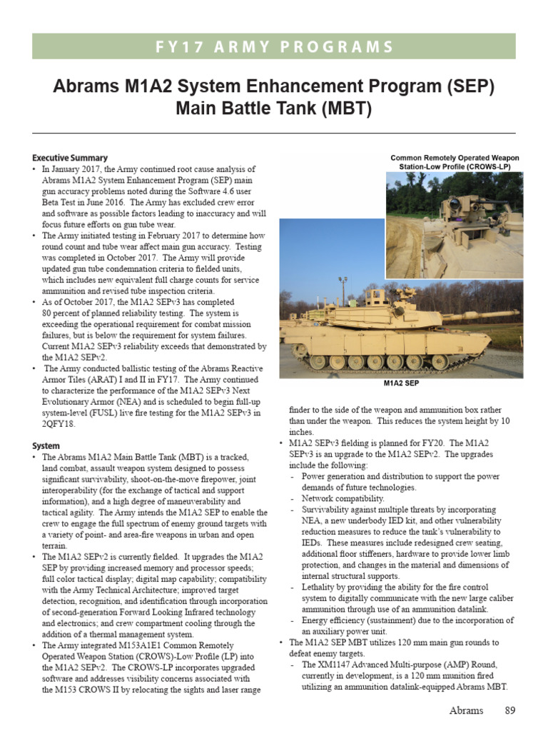 Abrams M1A2 System Enhancement Program (SEP) Main Battle Tank (MBT) | PDF