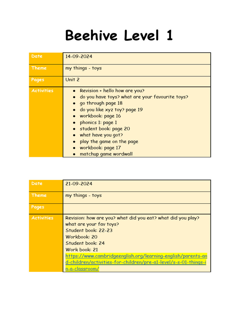 Beehive 1 Lesson Plan | PDF