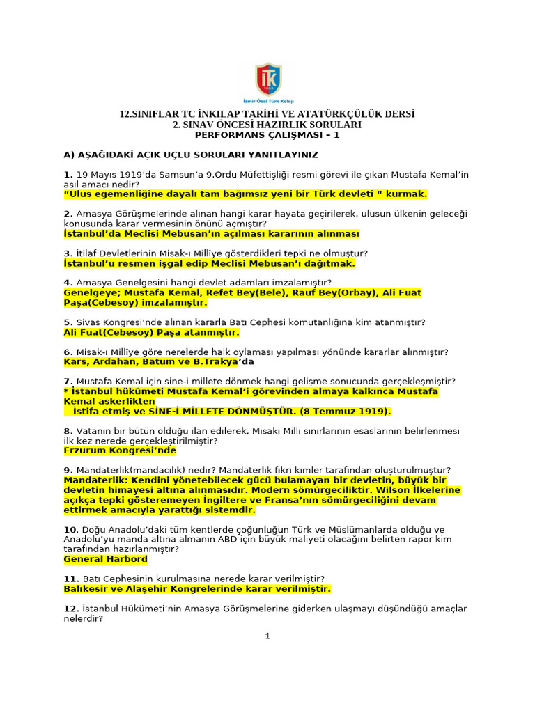 Sinav Oncesi Calisma Sorulari12.sin. TC Inkilap Tarihi 2.dbs | PDF
