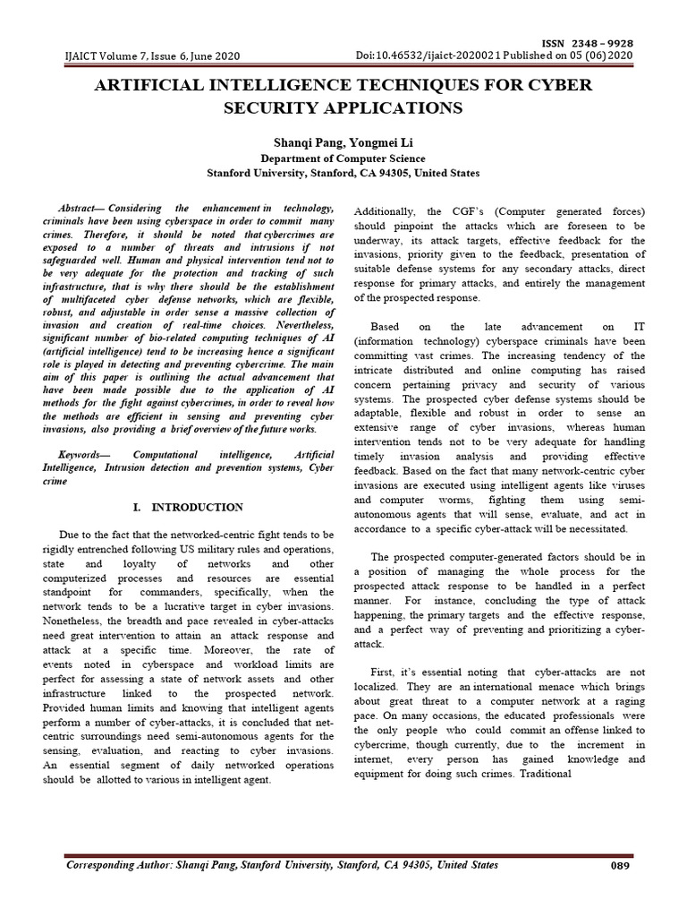 Artificial Intelligence Techniques For Cyber Security Applications Pdf