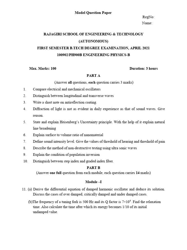 Eng. Physics B - Model QP | PDF
