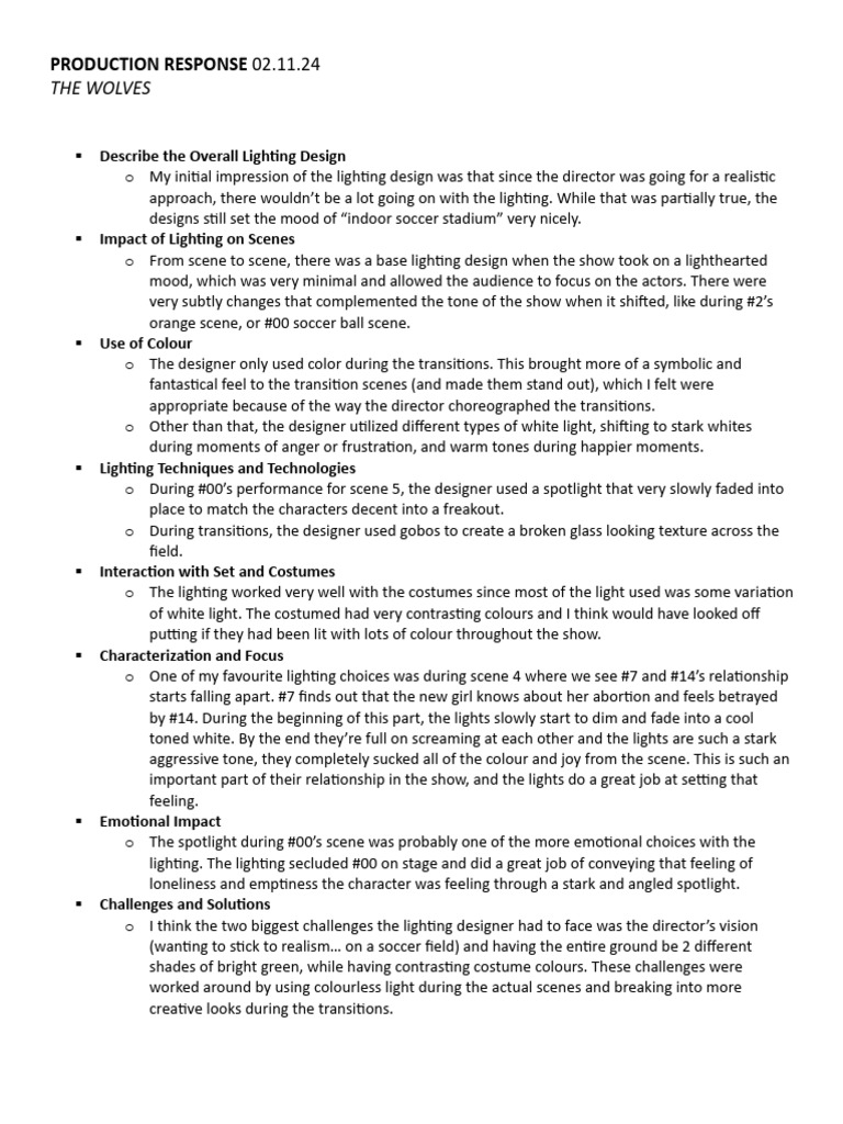 PRODUCTION RESPONSE The Wolves | PDF