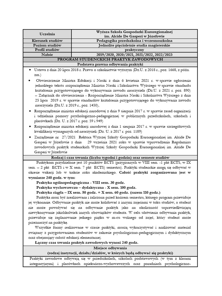 Program Praktyk Jsm Pedagogika Przedszkolna i Wczesnoszkolna | PDF