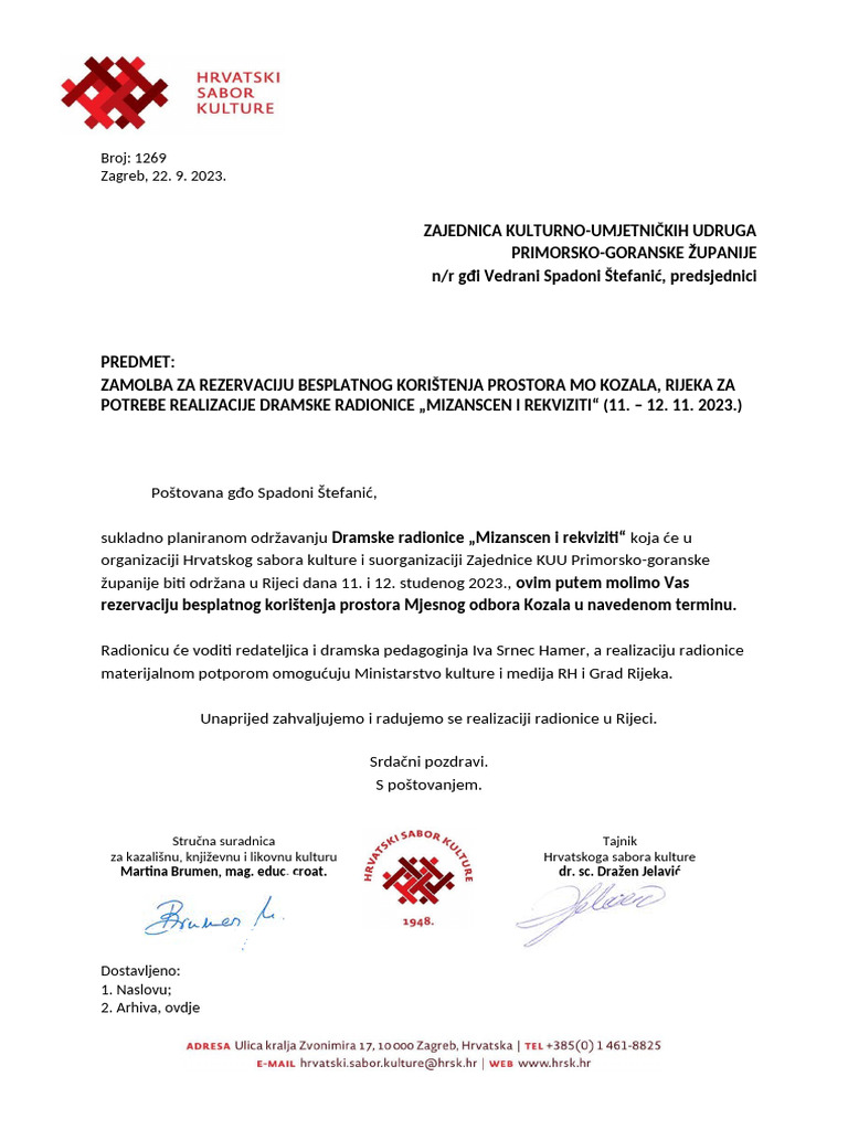 Zamolba - Hrvatski Sabor Kulture | PDF