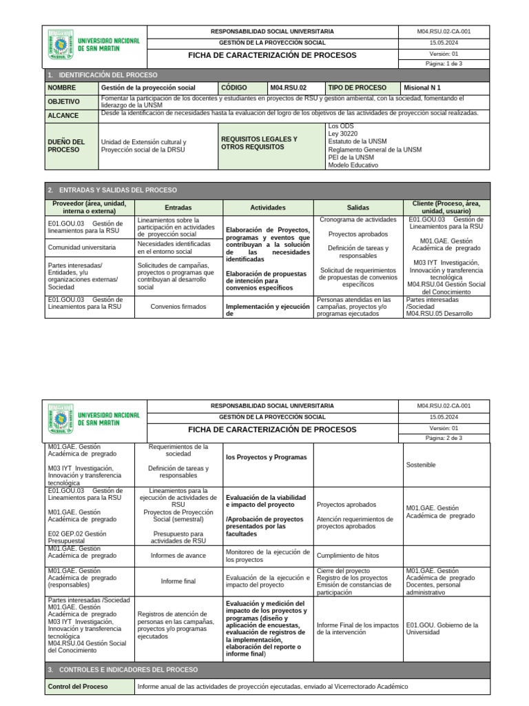 Formatos de Procesos - Ficha de Proceso M04.RSU.02 | PDF