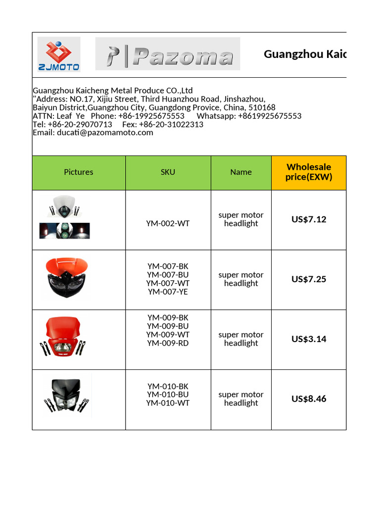 Kaicheng Moto Parts 1 | PDF