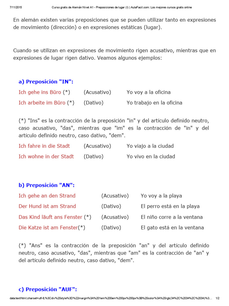 Curso Gratis de Alemán Nivel A1 - Preposiciones de Lugar (I) - AulaFacil | PDF