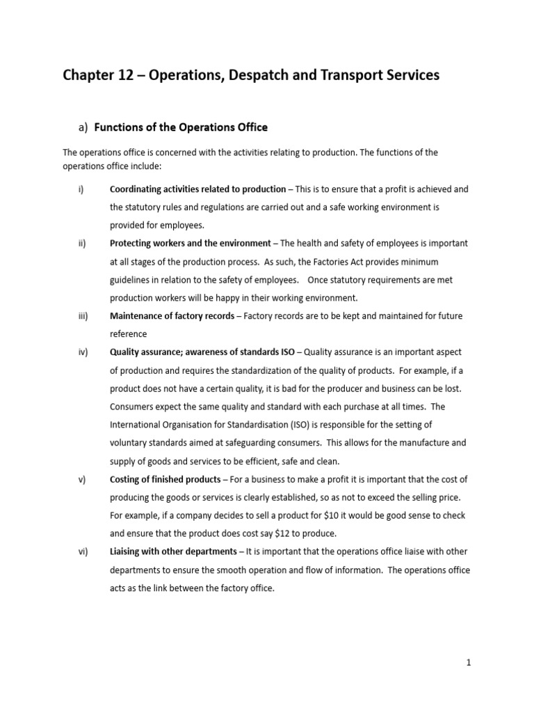 Chapter 12 - Operations, Despatch and Transport Services | PDF