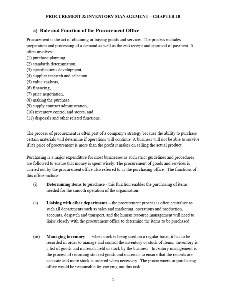 Chapter 10 - Procurement and Inventory Management | PDF