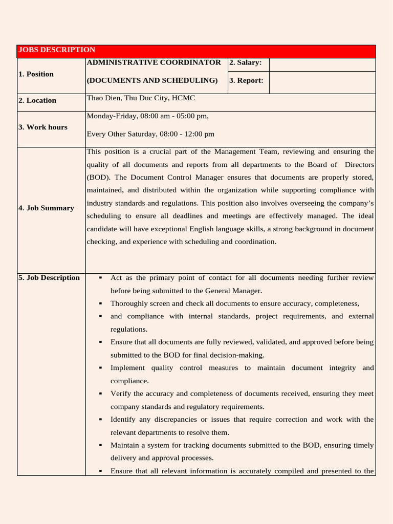 JD - Administrative Coordinator (Documents and Scheduling) | PDF