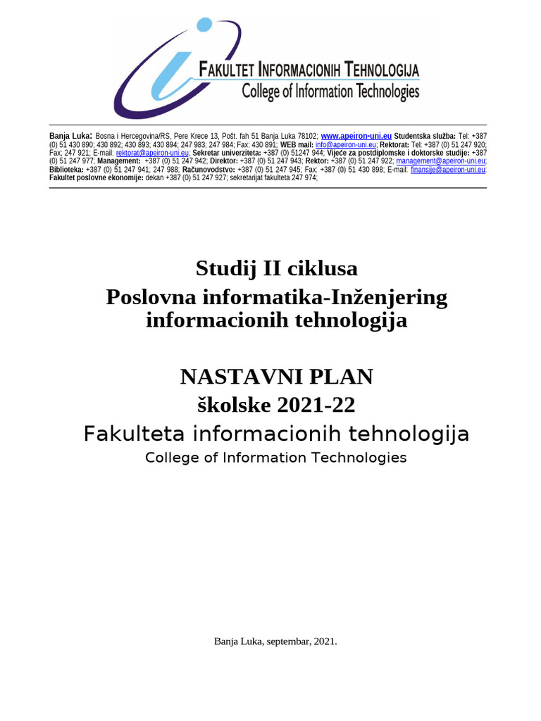 NASTAVNI PLAN FIT 2021 - 22 II Ciklus Tabelarni Izvod 60 ECTS | PDF