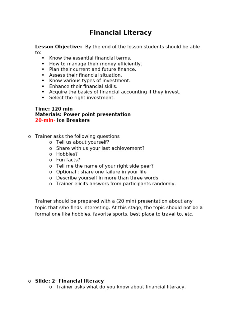 Financial Literacy Lesson Plan S1 | PDF | Career & Growth | Business