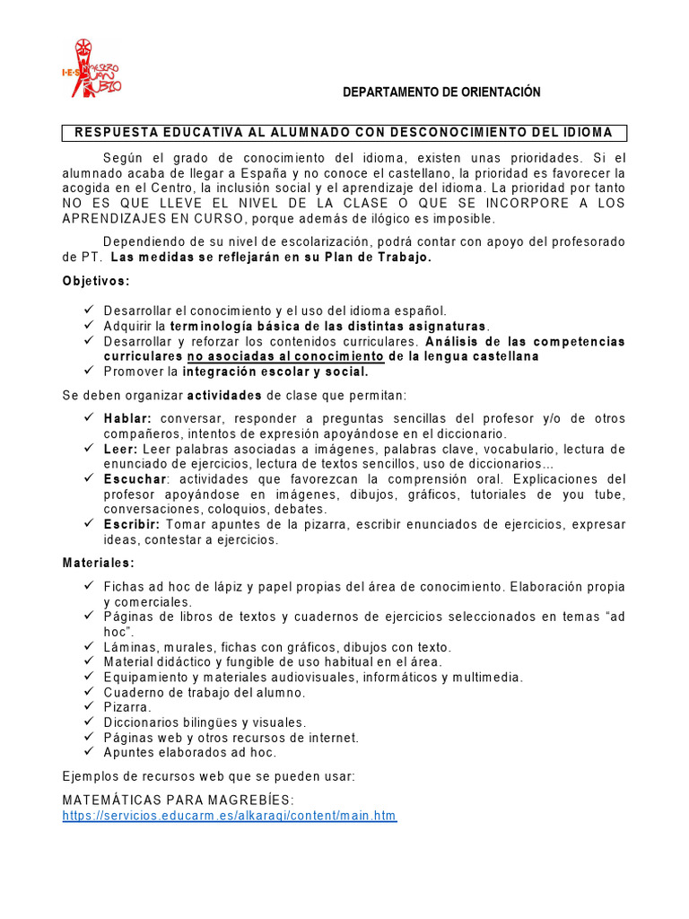 Atención Educativa A Alumnos Con Desconocimiento Del Idioma | PDF