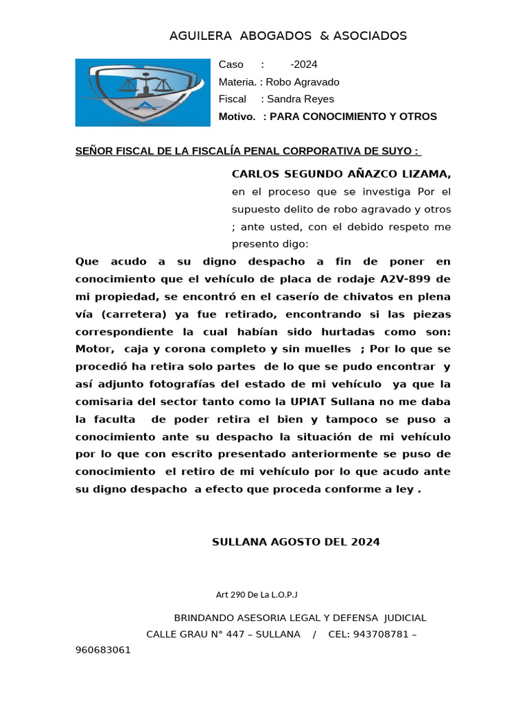 Pongo en Conocimiento Estado de Vehiculo Carlos Añazco 20 | PDF