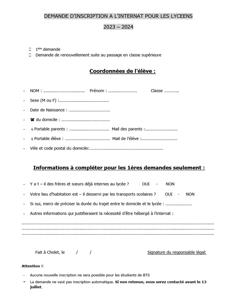 Formulaire D'inscription À L'internat | PDF
