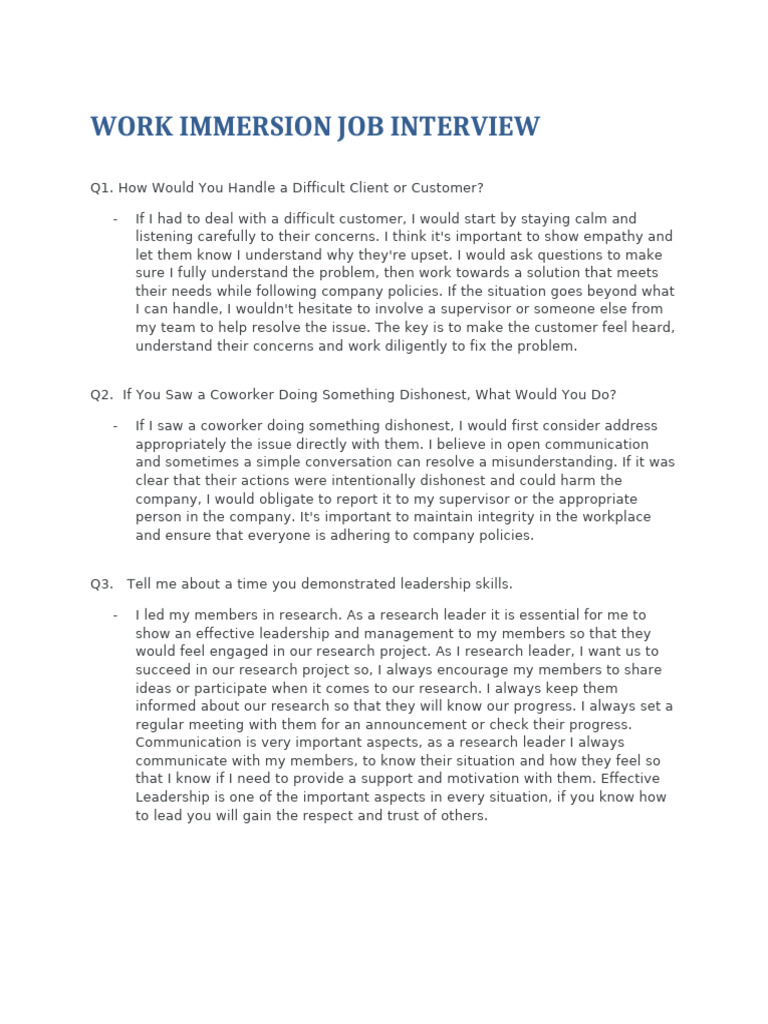 Work Immersion Interview Insights | PDF | Career & Growth