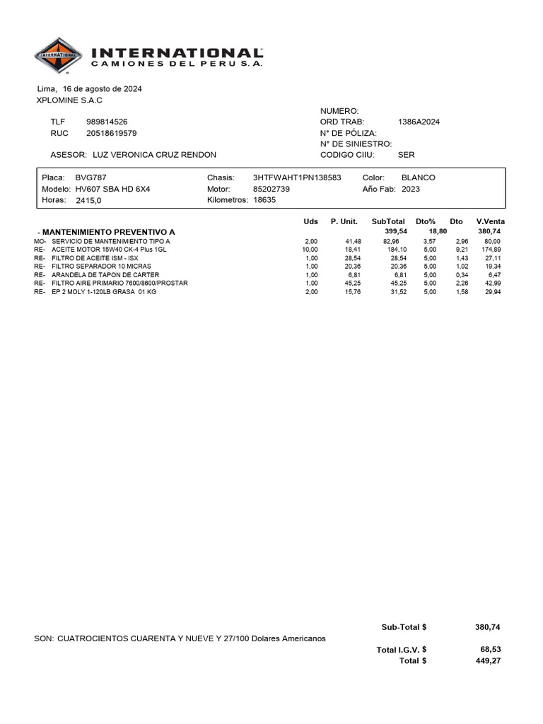 Presupuesto Mtto BVG 787 Xplomine | PDF