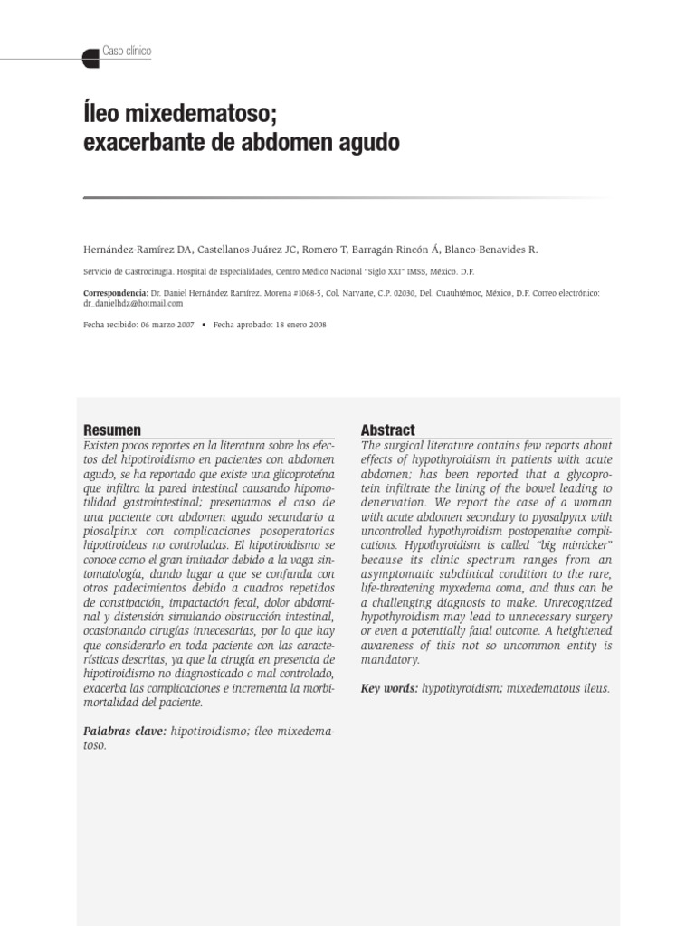 Íleo Mixedematoso Exacerbante de Abdomen Agudo: Resumen | PDF
