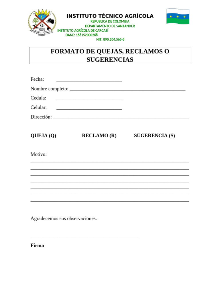 Formato de Quejas, Reclamos o Sugerencias. | PDF