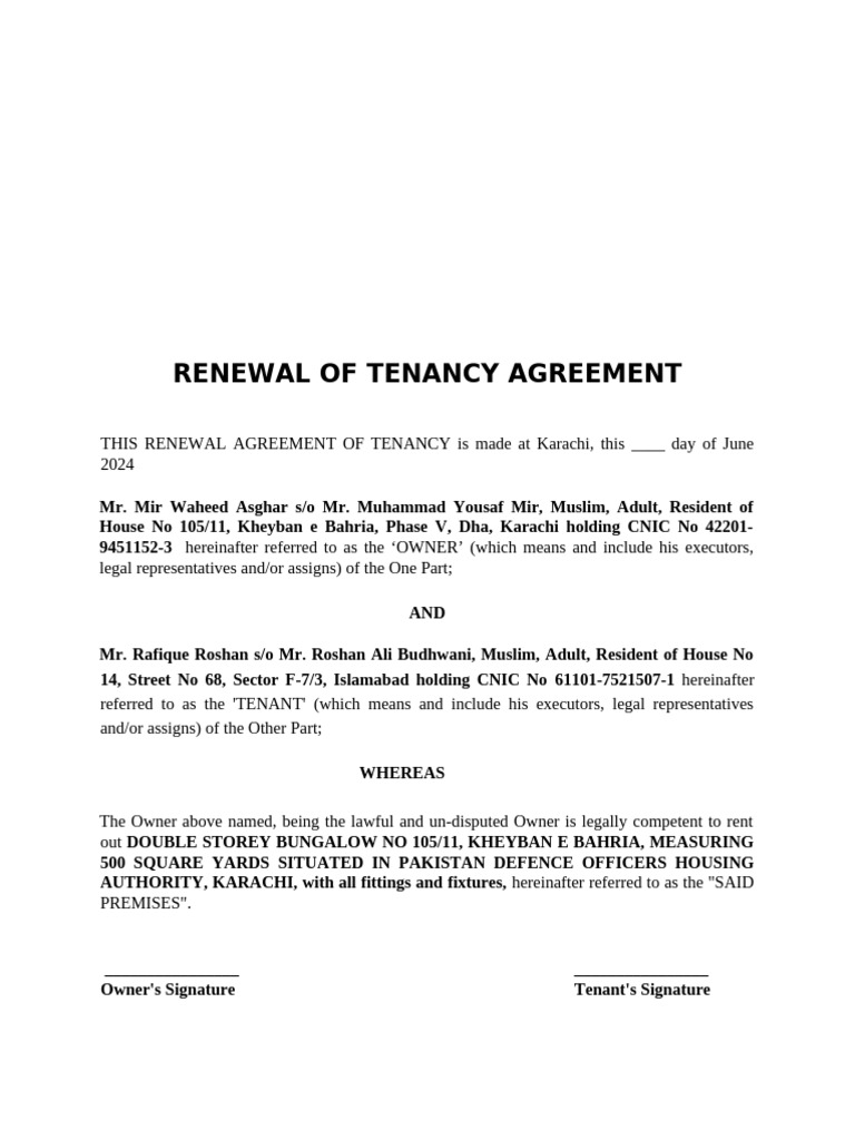 Renewal Tenancy Agreement - Mir Waheed With Rafiq 2024 | PDF