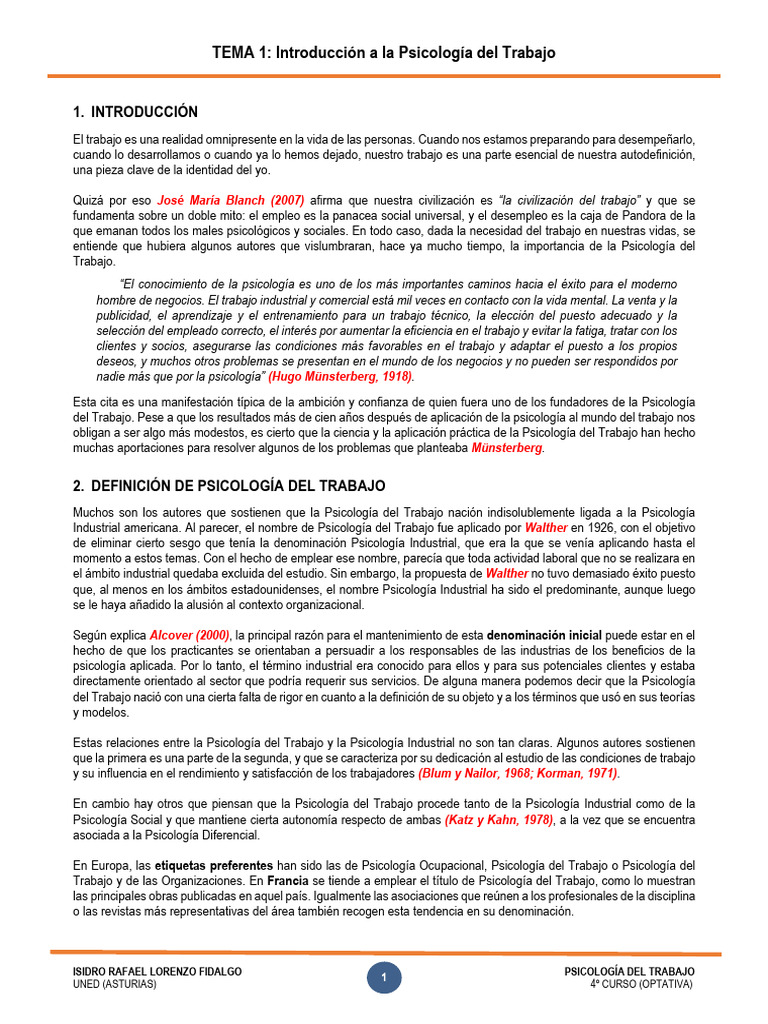 Psicología Del Trabajo. Resumen. | PDF