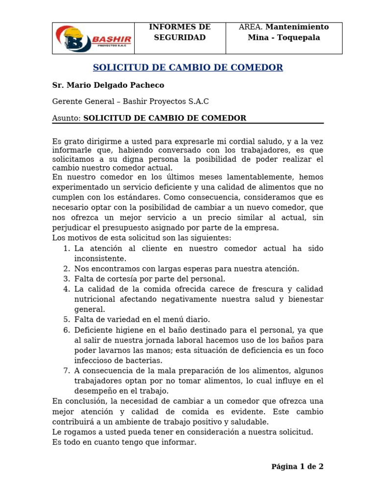 INFORME - SOLICITUD DE CAMBIO DE COMEDOR | PDF