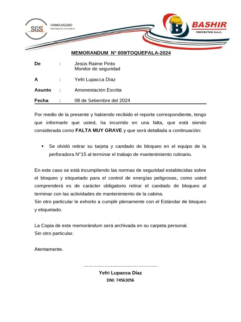 Memorandum Yefri Lupacca | PDF