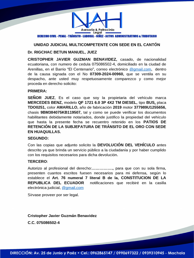 (DEVOLUCION de VEHICULO) Guzman Benavidez Cristopher Javier | PDF