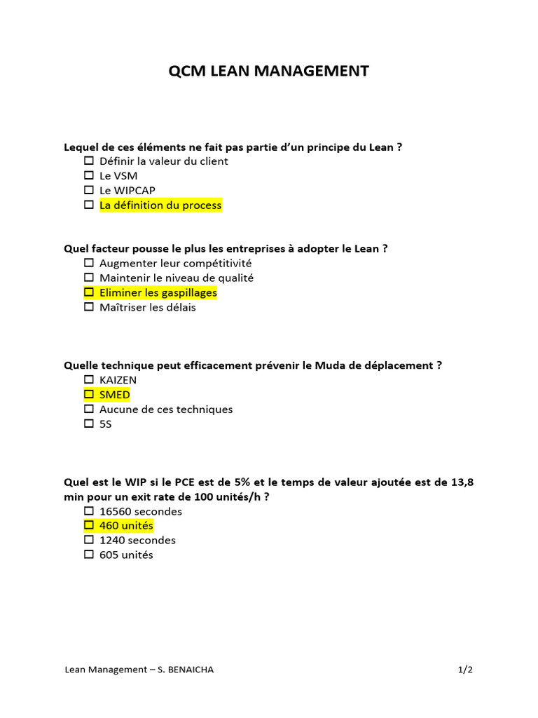 QCM LEAN MANAGEMENT 2021 Corrigé | PDF