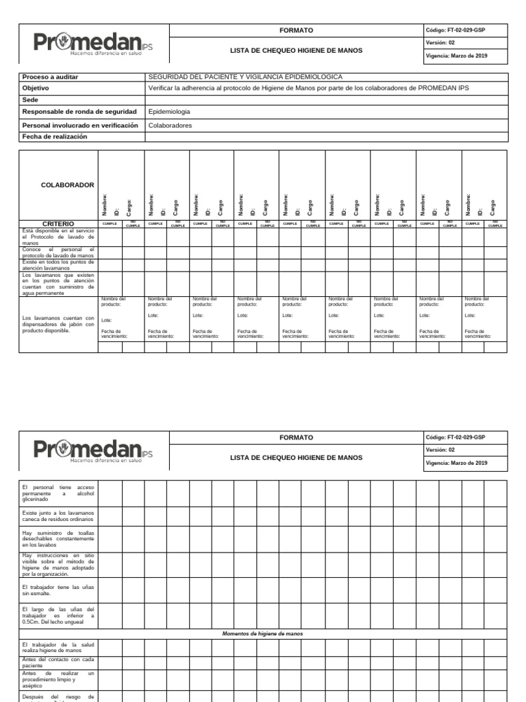 FT 02 029 GSP Lista de Chequeo Higiene de Manos 1 | PDF | Lavado de ...