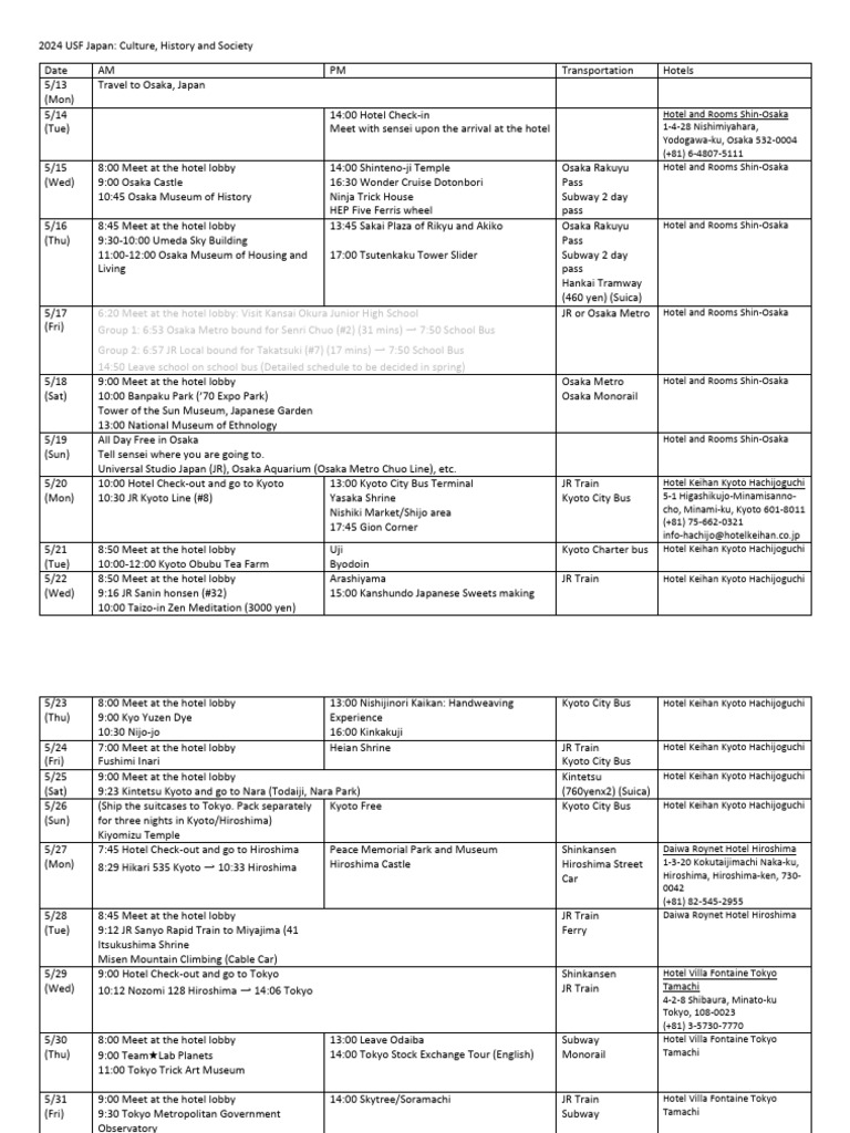 2024 USF Japan Schedule | PDF