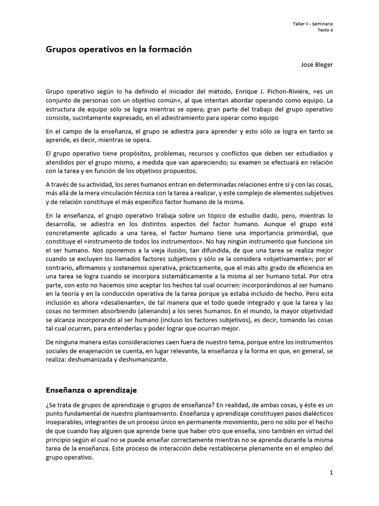 Texto 4 - Grupos Operativos en La Formacion - Jose Bleger | PDF