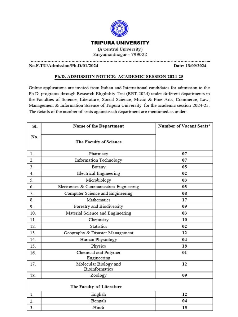 PH D Admission Notification For 2024 2025 | PDF