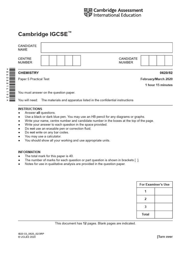 Cambridge IGCSE: CHEMISTRY 0620/52 | PDF