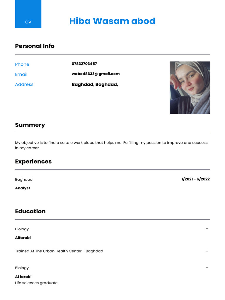 Hiba Wasam Abod: Personal Info | PDF