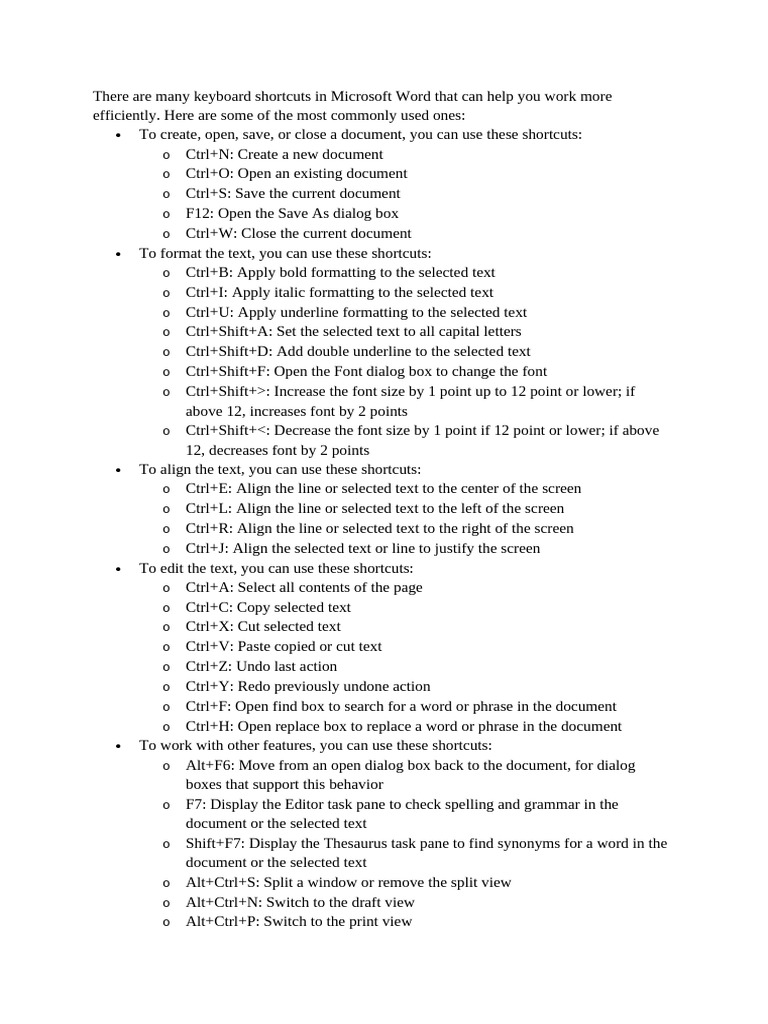 keyboard shortcuts in Microsoft Word | PDF