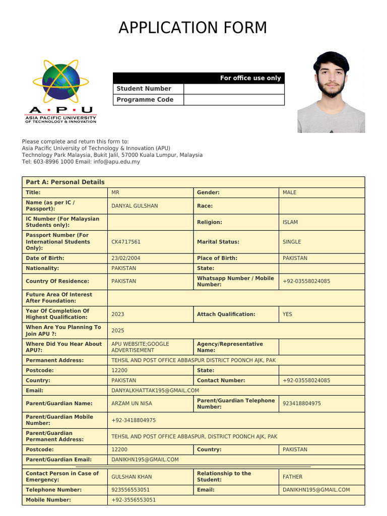 Application Form APU-UG-3903 | PDF