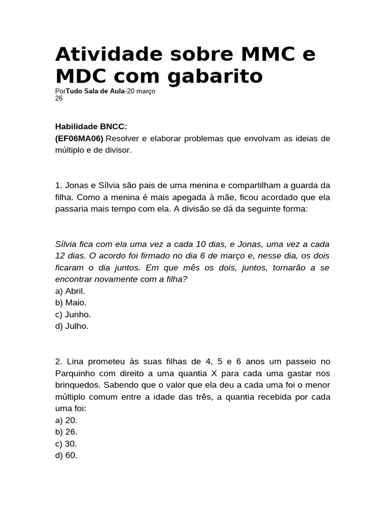 Atividade Sobre MMC e MDC Com Gabarito | PDF