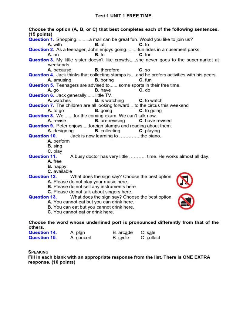 Test 1 UNIT 1 FREE TIME | PDF
