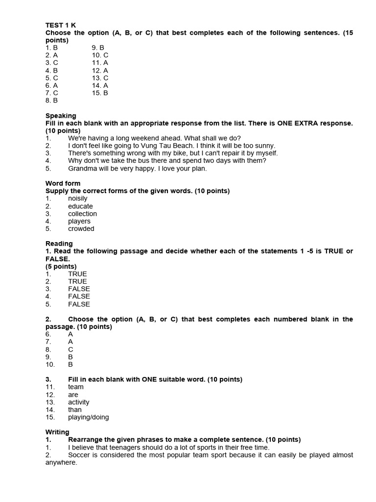 Key Test 1 Unit1 Free Time | PDF